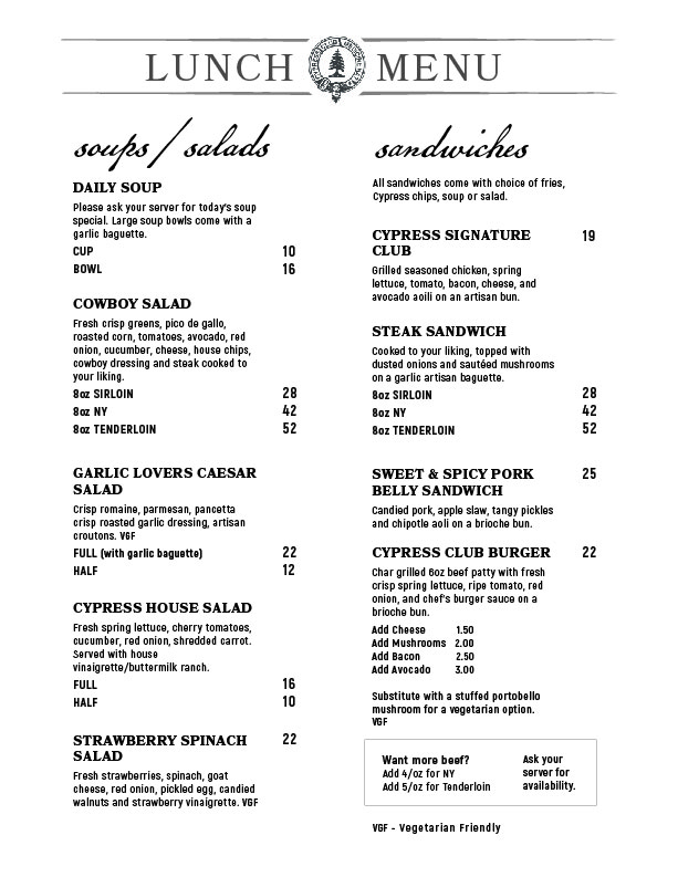 Dining Menus | Cypress Club Medicine Hat