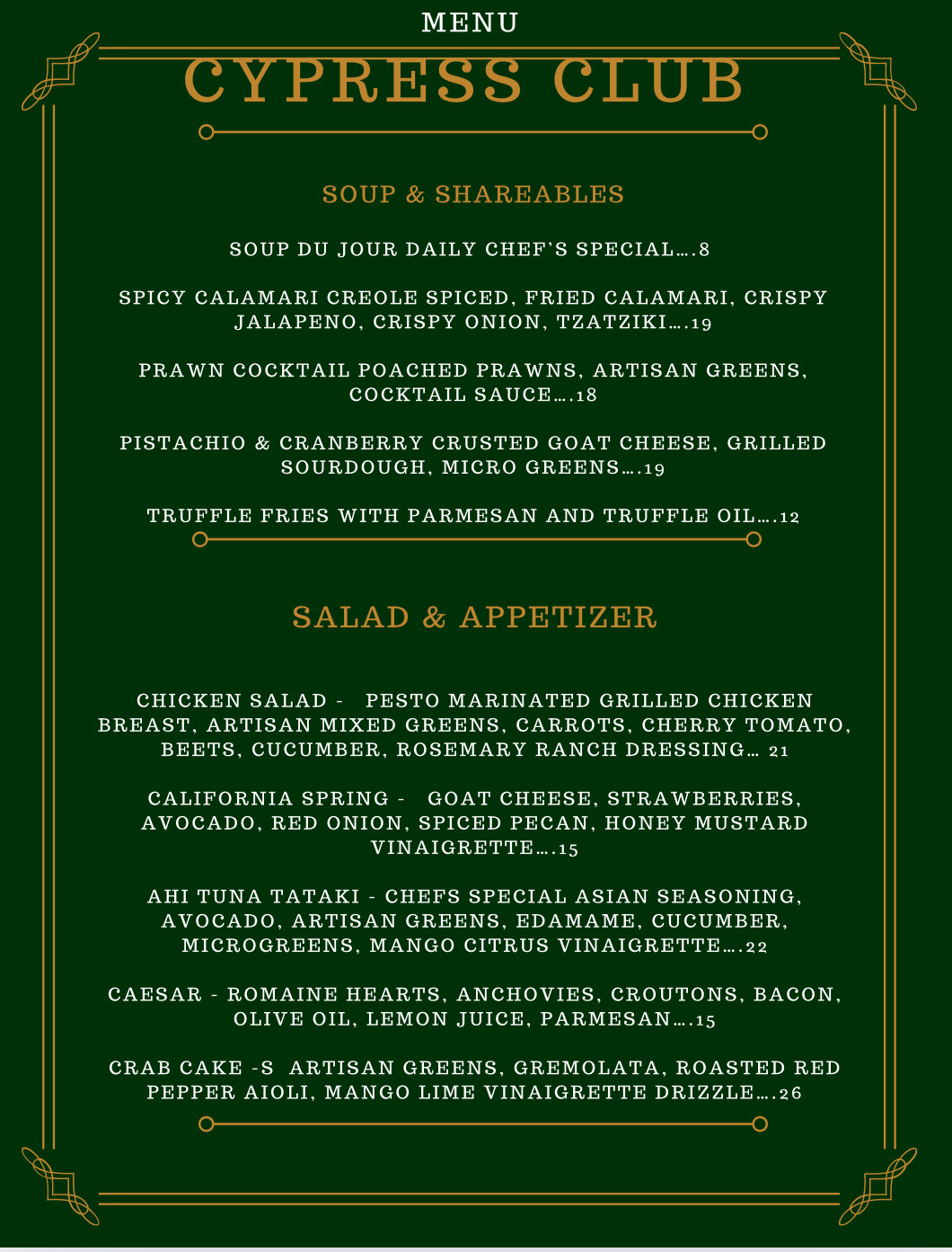 Dining Menus | Cypress Club Medicine Hat